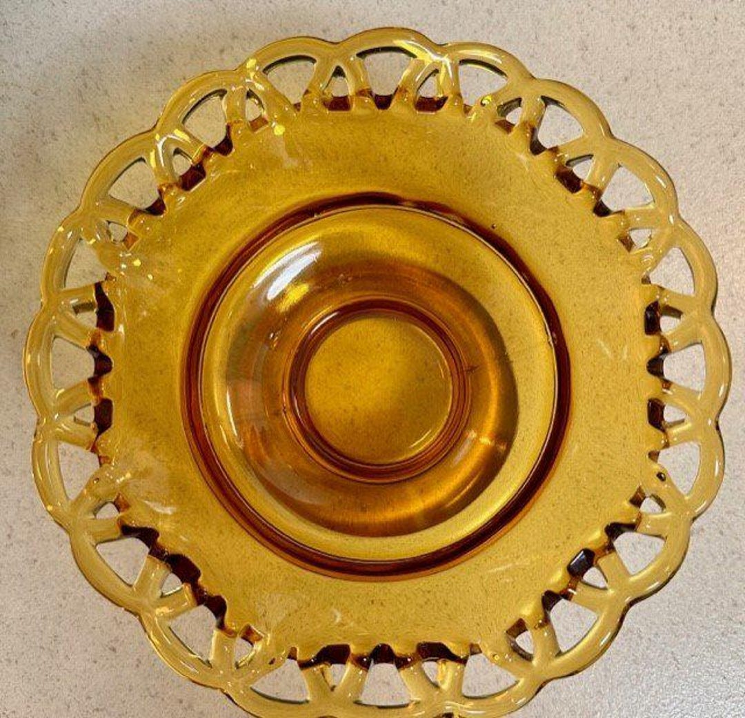 Amber Glass Candy Dish on Pedestal Round W/ Octagonal Pierced Edges ...