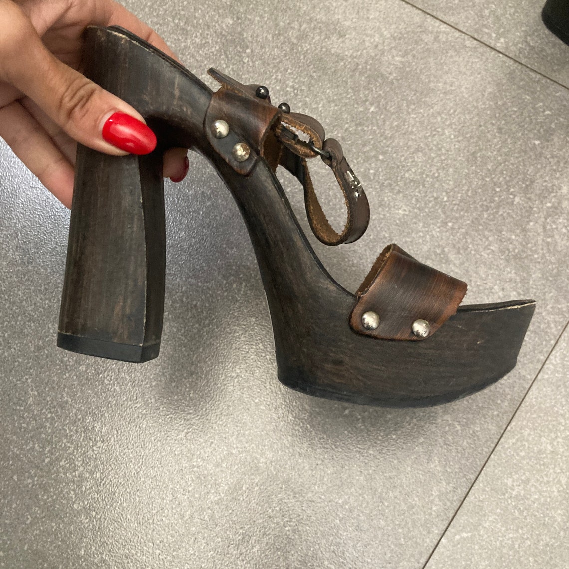 Vintage 90s/ Y2K replay Platform Sandals, Leather Chunky High Heels Ankle Strap, Tall Wood Flogs ...