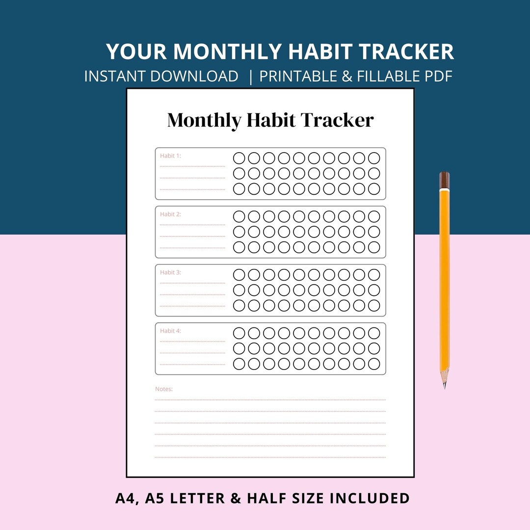 Monthly Habit Tracker Instant Digital Download A4, A5 & Half Size PDF ...