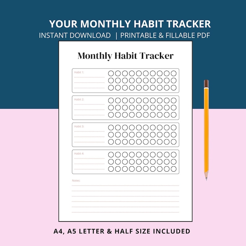 Monthly Habit Tracker Instant Digital Download A4, A5 & Half Size PDF ...