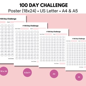 100 Day Challenge Tracker Printable: Goal & Habit Planner (letter, A4 ...