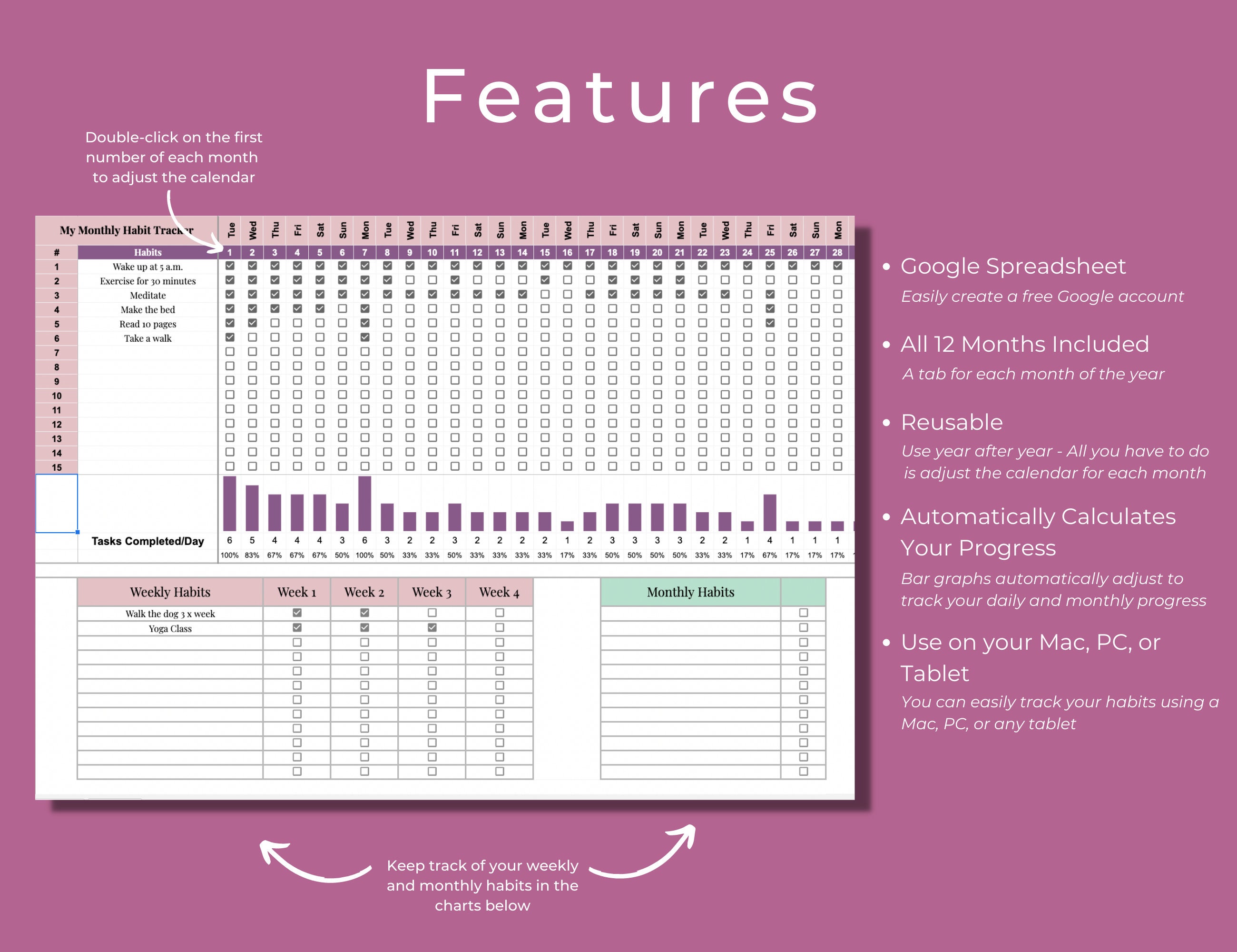 Google Sheets Habit Tracker Template: Daily, Weekly, Monthly (digital ...