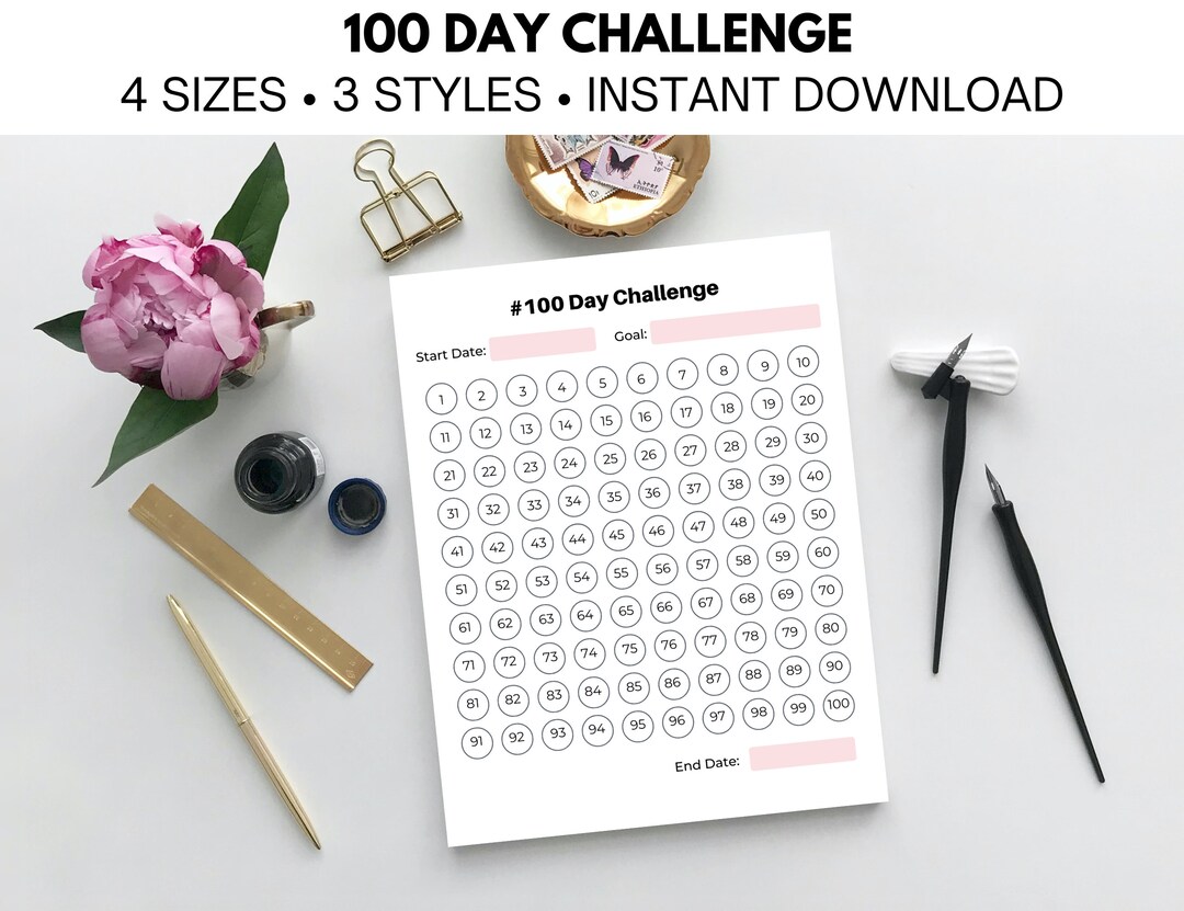 100 Day Challenge Tracker Printable: Goal & Habit Planner (letter, A4 ...