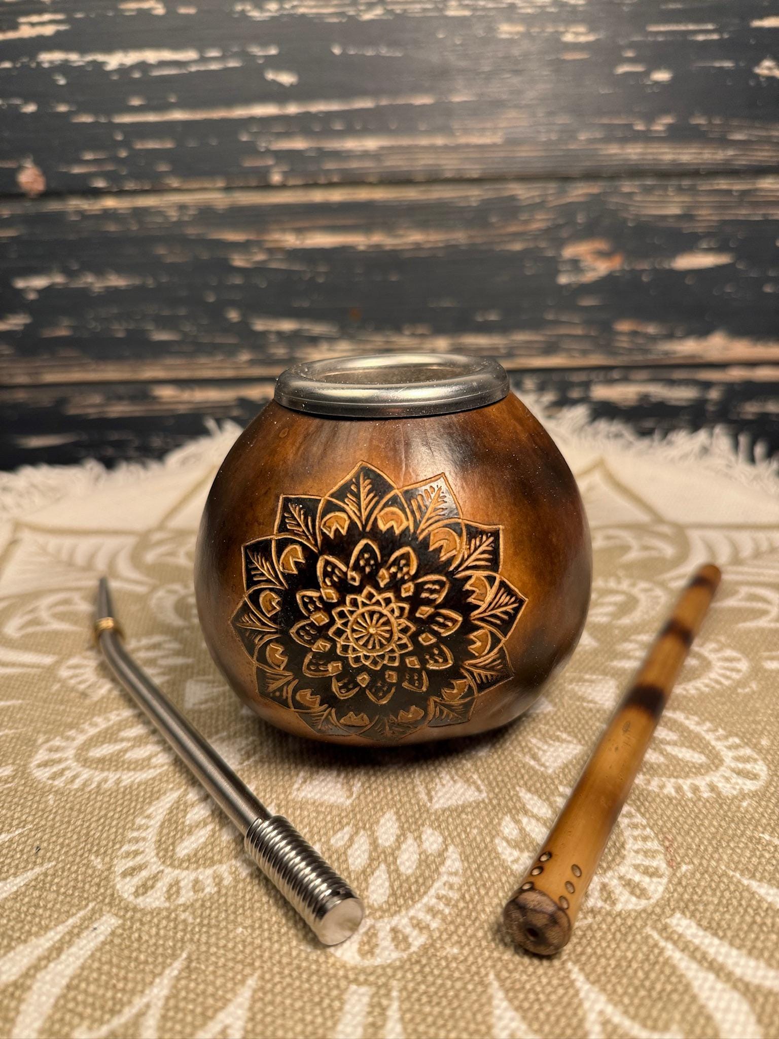 Handmade Yerba Mate Gourd Set: Calabash Cup With Mandala, Bombilla ...