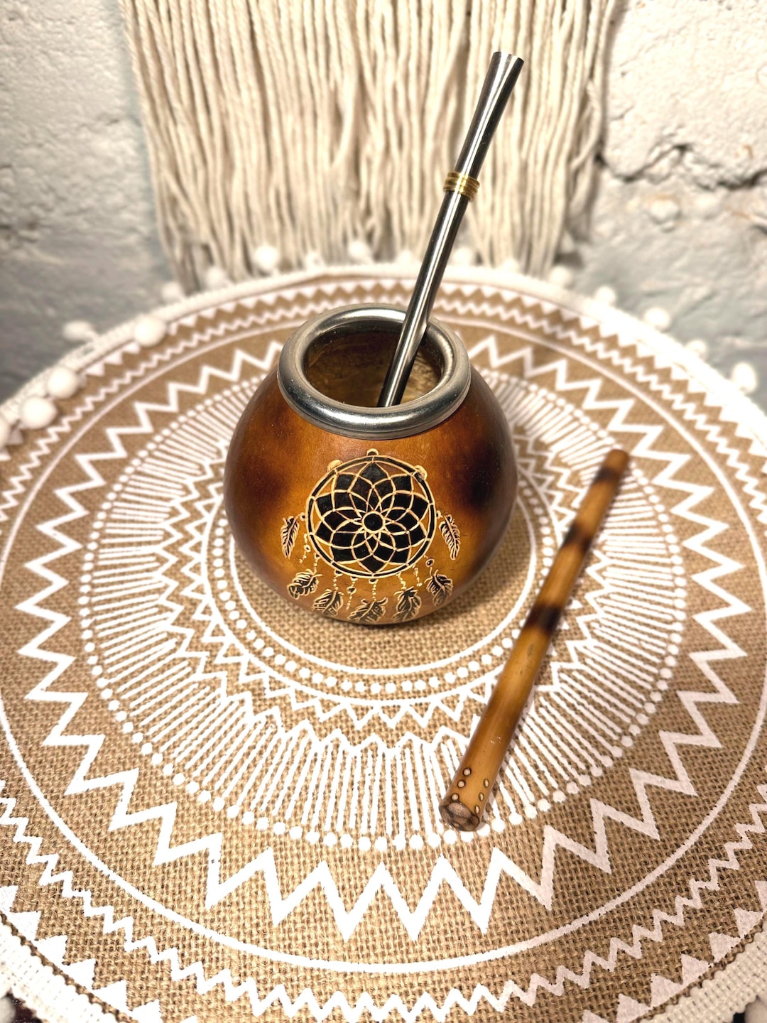 Handmade Yerba Mate Gourd Set: Calabash Cup With Dreamcatcher, Bombilla ...