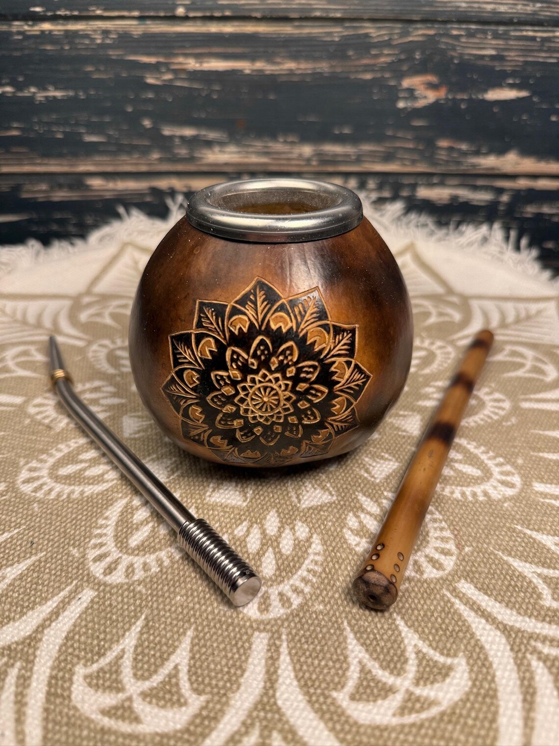 Handmade Yerba Mate Gourd Set – Calabash Mate Cup 400ml With Mandala ...