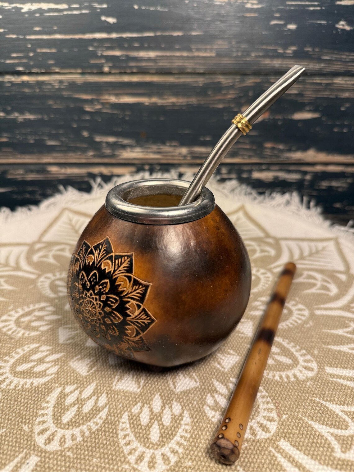 Handmade Yerba Mate Gourd Set: Calabash Cup With Mandala, Bombilla ...