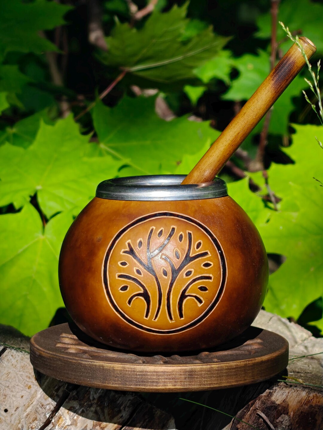 Handmade Yerba Mate Gourd Set: Tree of Life Calabash With Wooden ...