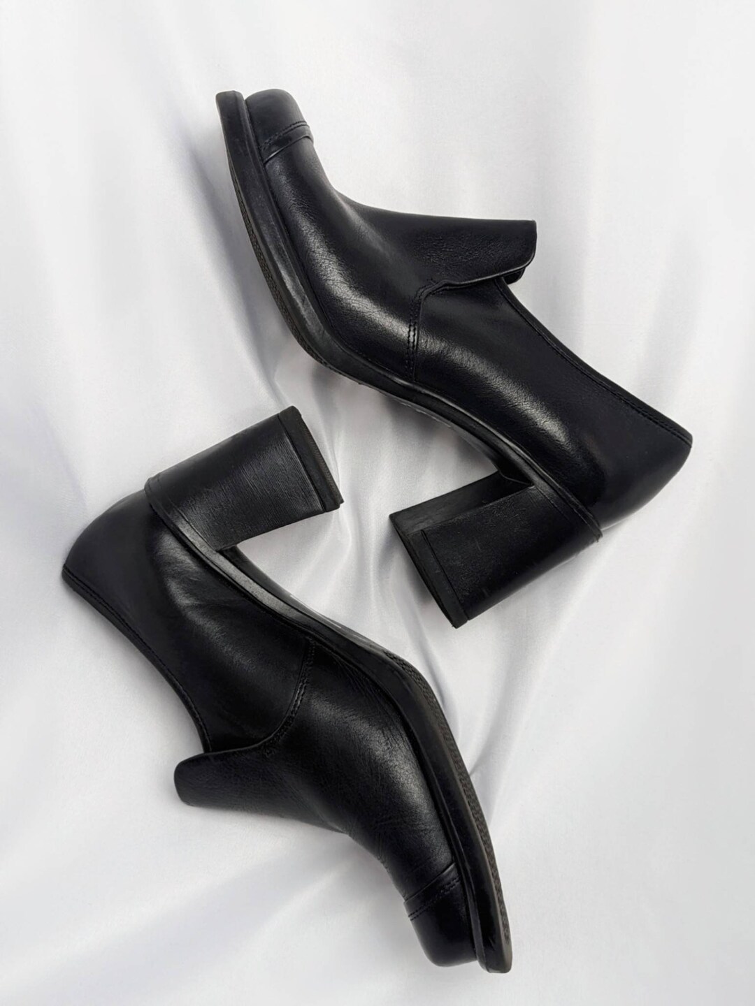 Vintage Black 3 Chunky Flared High Heel Leather Shoes Size 7W - Etsy