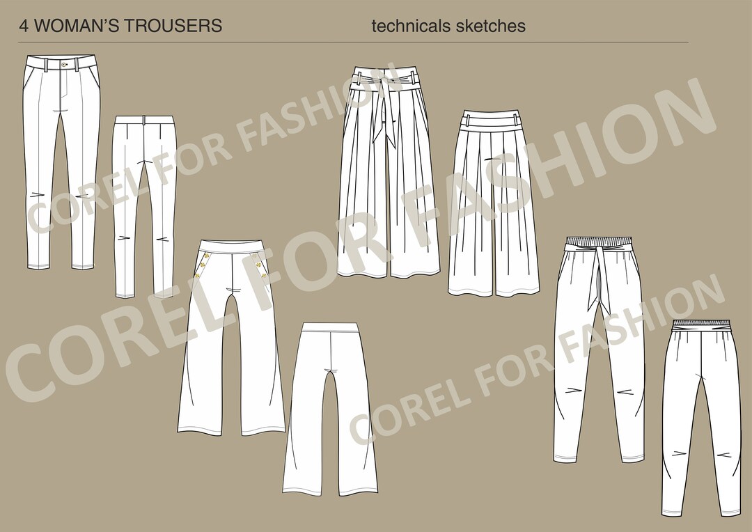 Set of 4 Woman's Trousers - Vector Fashion Flat Sketches / Fashion ...
