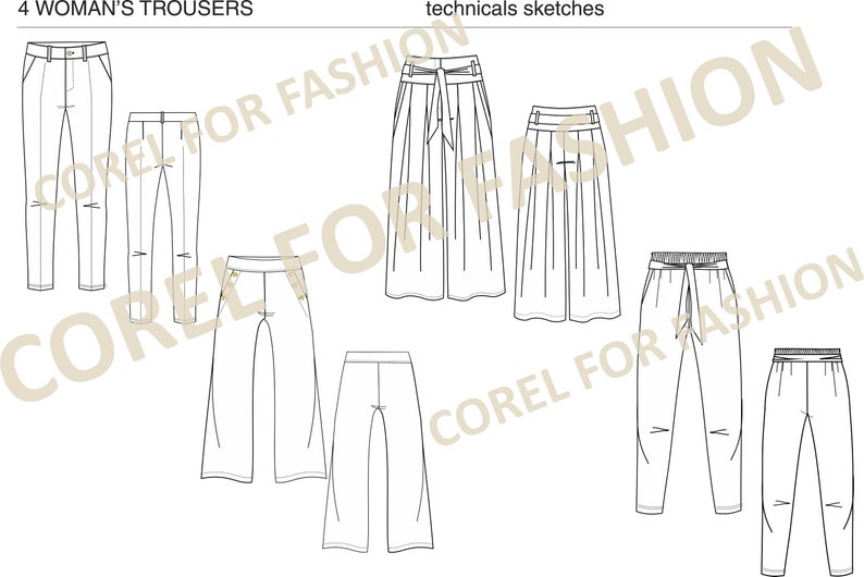 Set of 4 Woman's Trousers - Vector Fashion Flat Sketches / Fashion ...