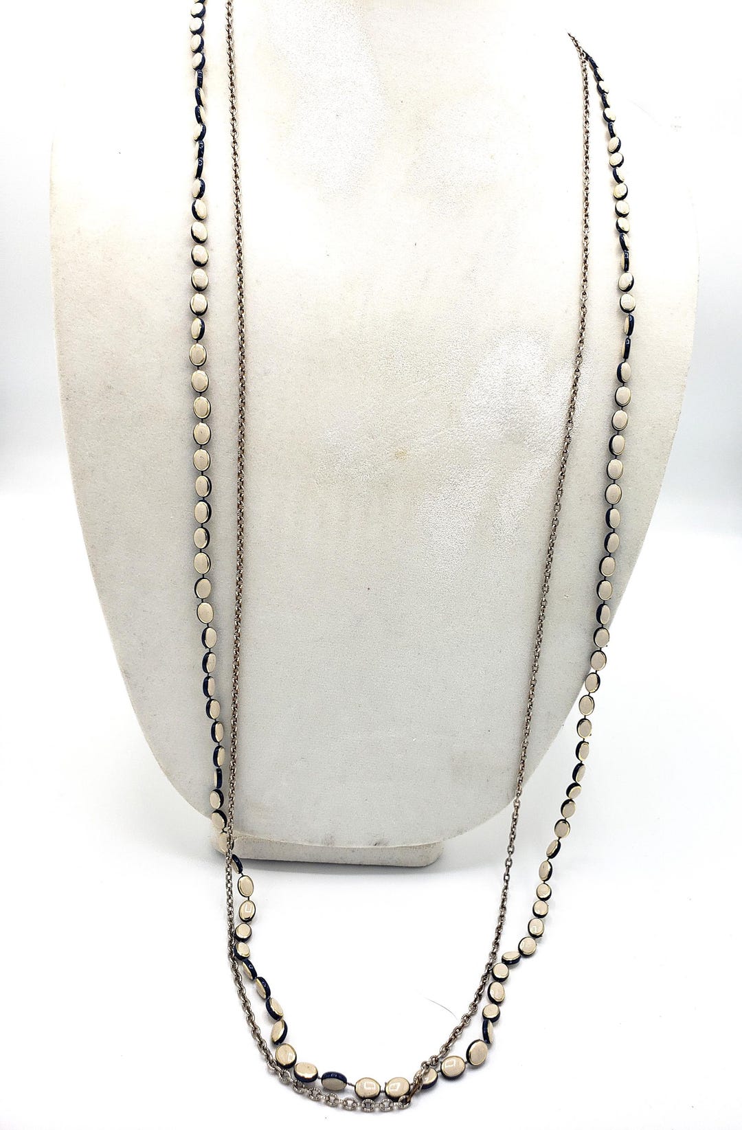 Extra-long Chain Necklace, Cream Beads With Blue Trim, Simple Chain ...