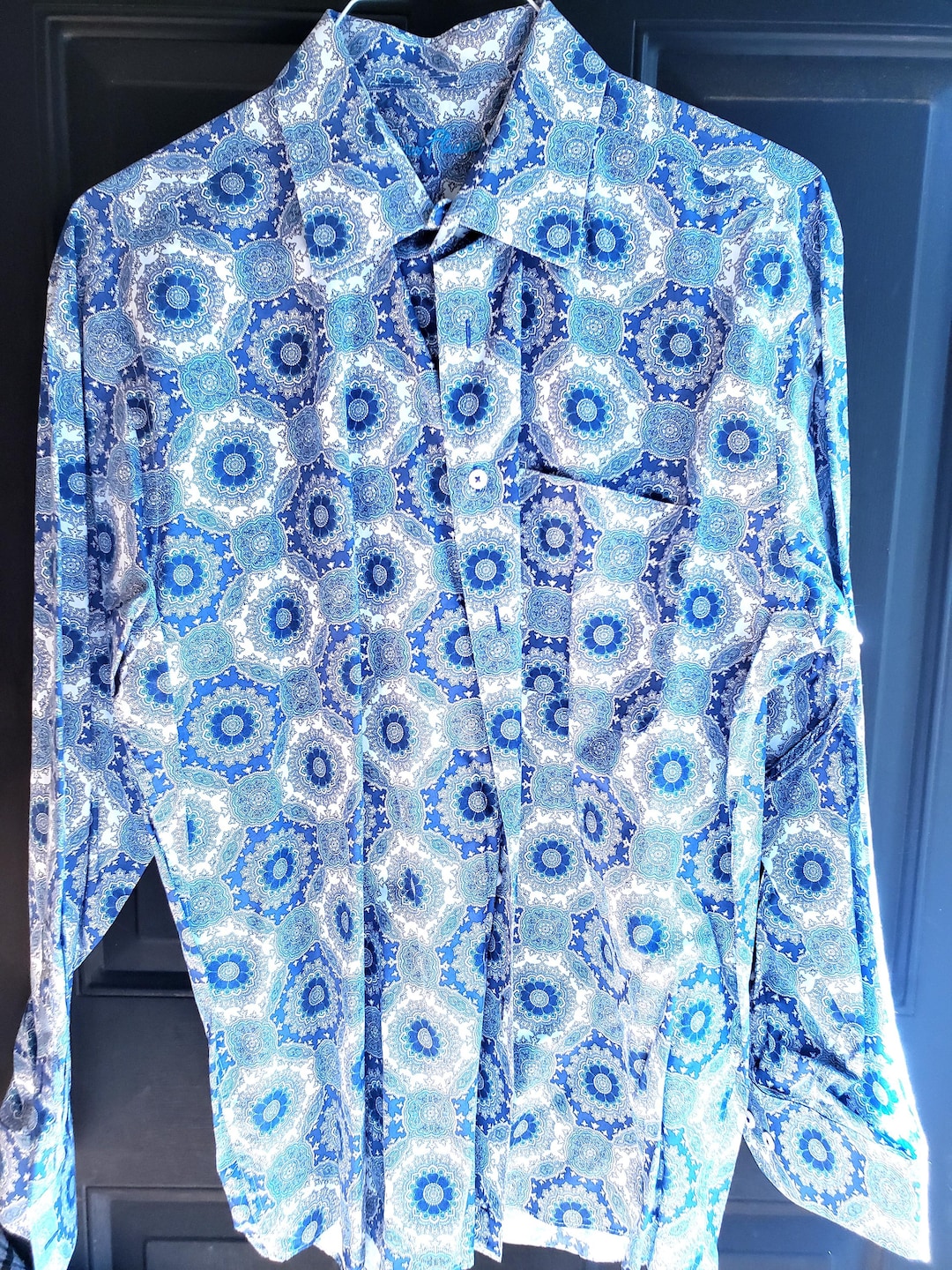 Vintage Mens Alan Flusser 1970s Style Blue Paisley Long-sleeved Button-down Shirt, Casual Long ...