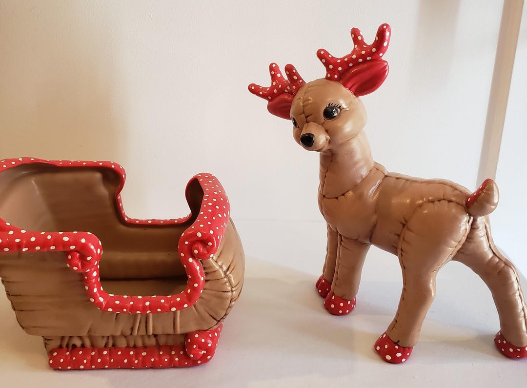 Vintage 1980s Ceramic Red Polka Dot Reindeer and Matching Santa Sleigh ...