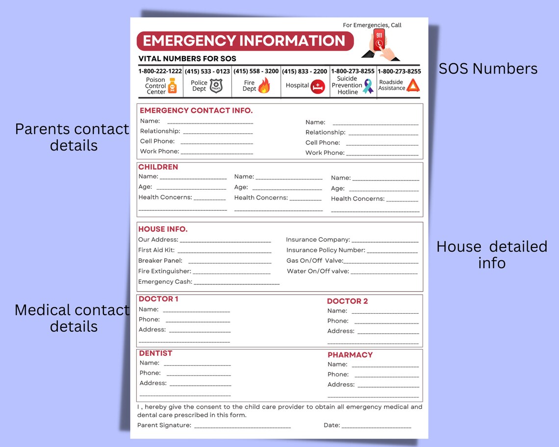 Emergency Information Sheet | Editable Emergency Contact Info Template ...