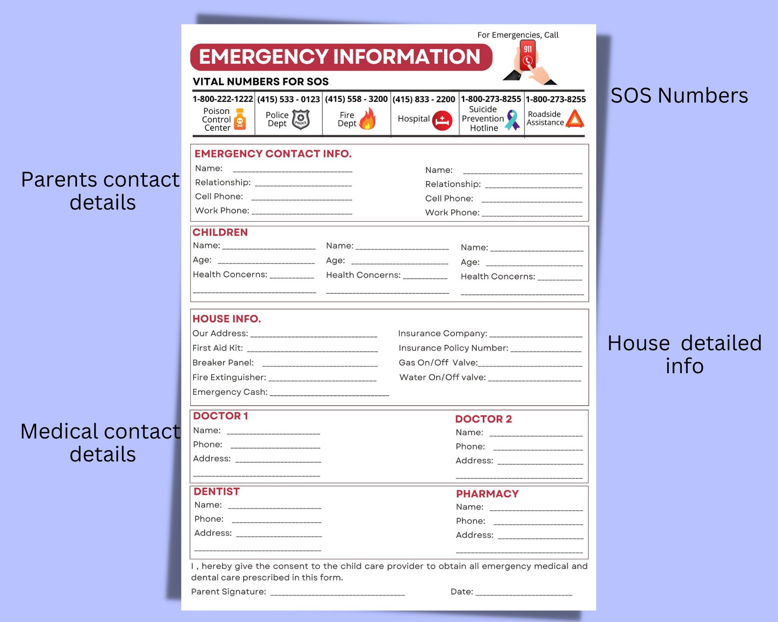 Emergency Information Sheet | Editable Emergency Contact Info Template ...