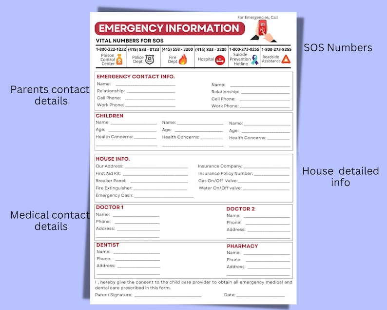 Emergency Information Sheet | Editable Emergency Contact Info Template ...