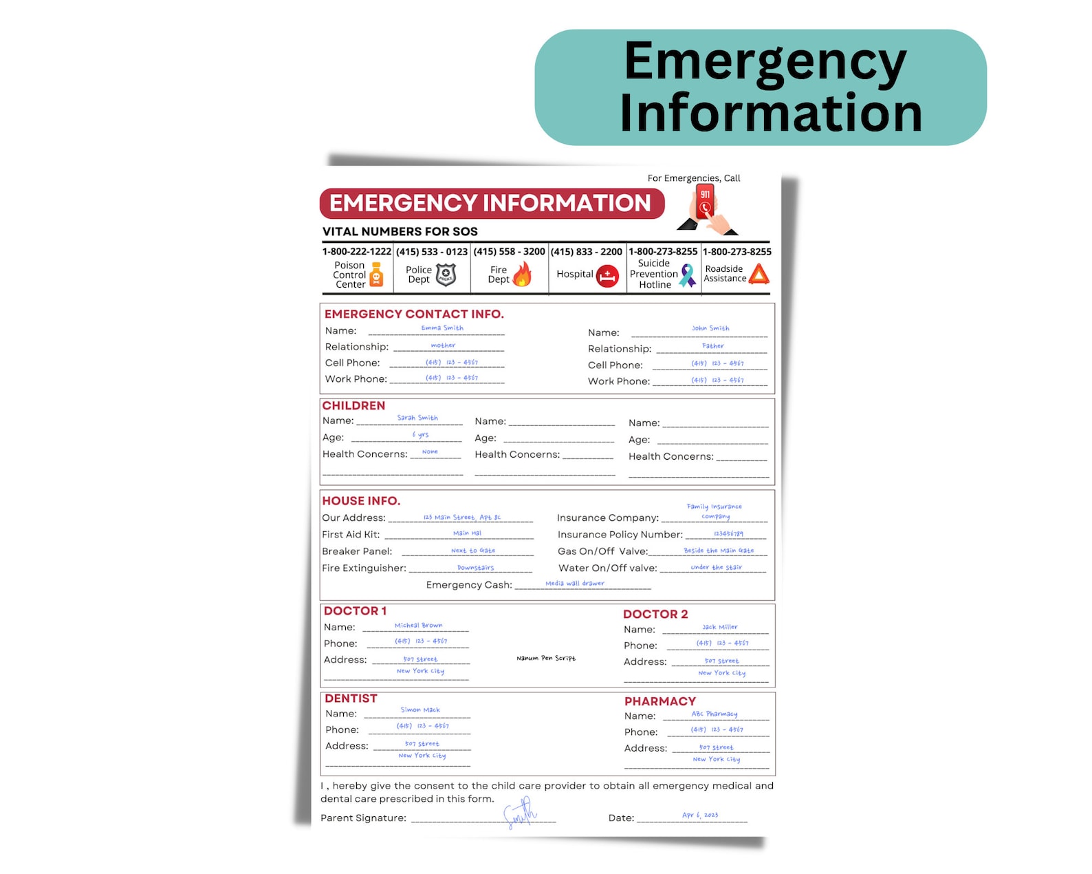 Emergency Information Sheet | Editable Emergency Contact Info Template ...