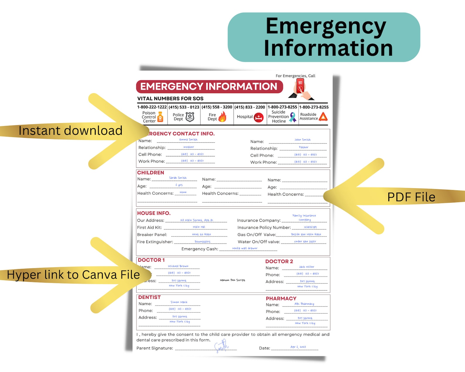 Emergency Information Sheet | Editable Emergency Contact Info Template ...