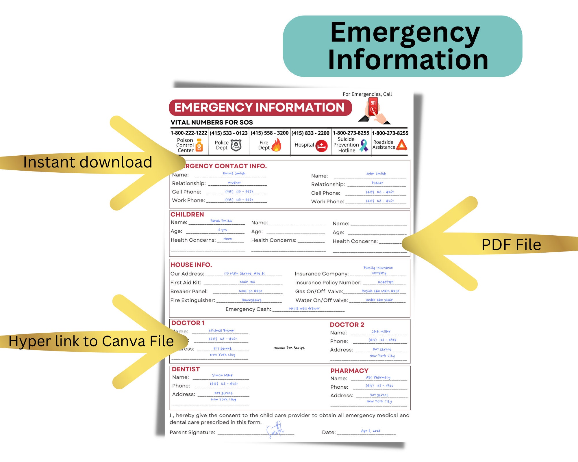Emergency Information Sheet | Editable Emergency Contact Info Template ...