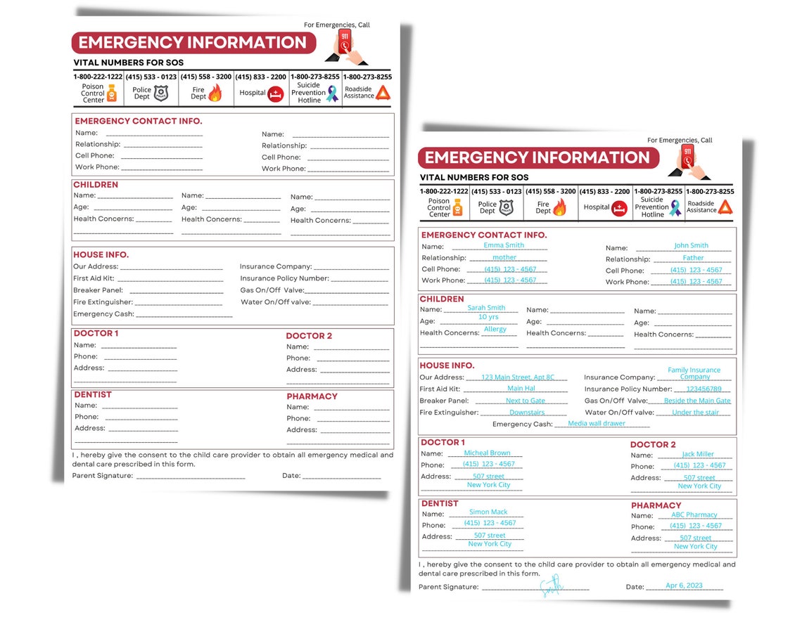 Emergency Information Sheet | Editable Emergency Contact Info Template ...