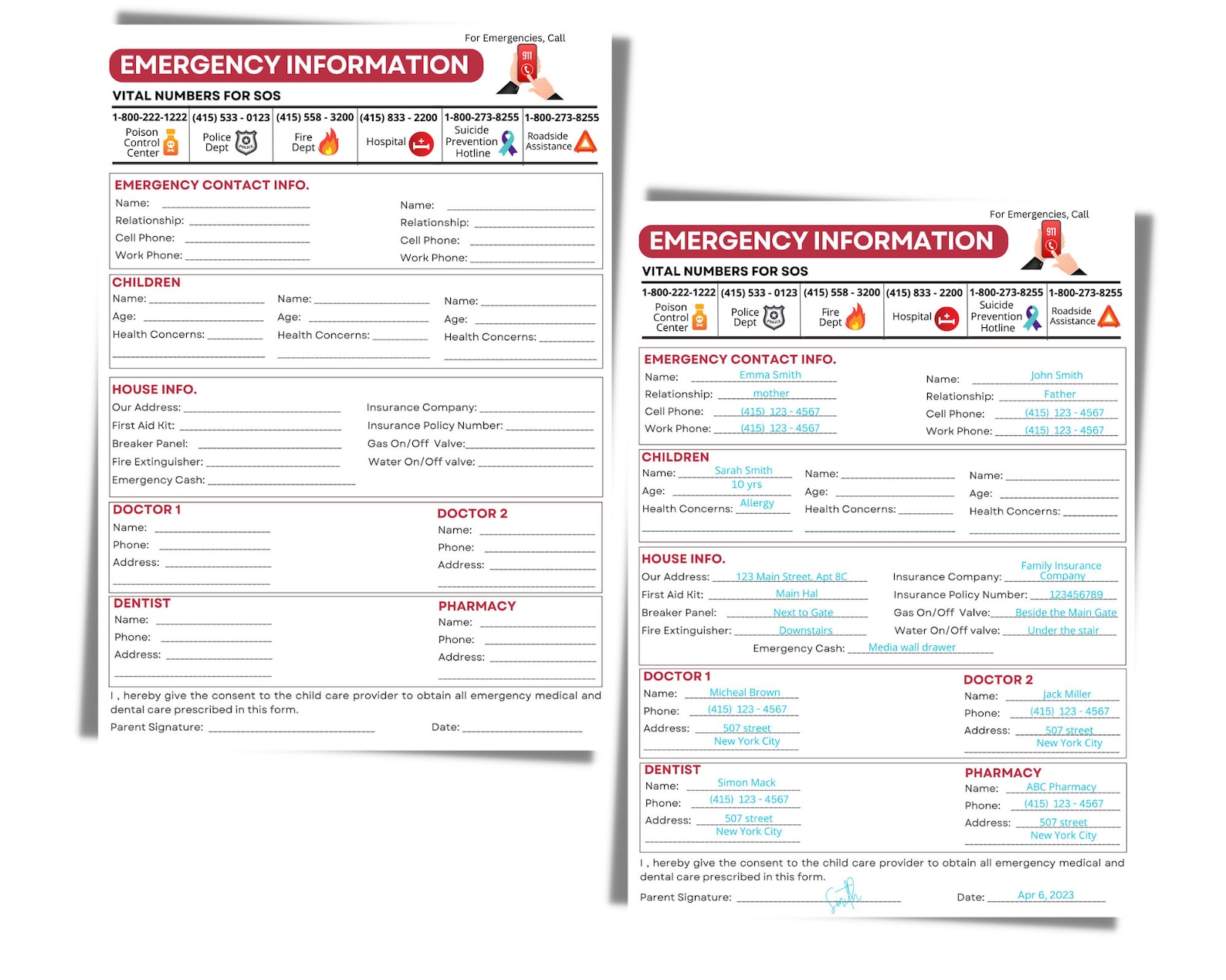 Emergency Information Sheet | Editable Emergency Contact Info Template ...