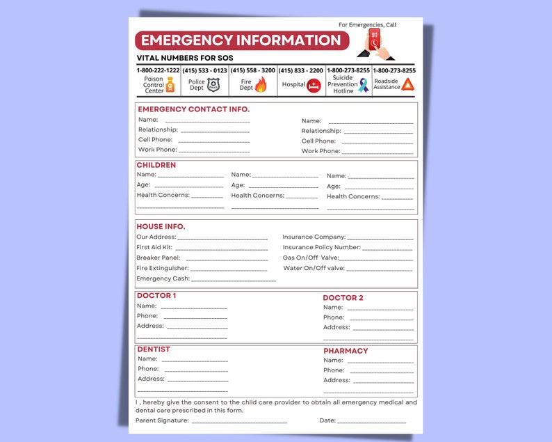 Emergency Information Sheet | Editable Emergency Contact Info Template ...