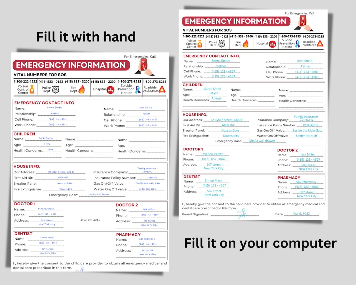 Emergency Information Sheet | Editable Emergency Contact Info Template ...