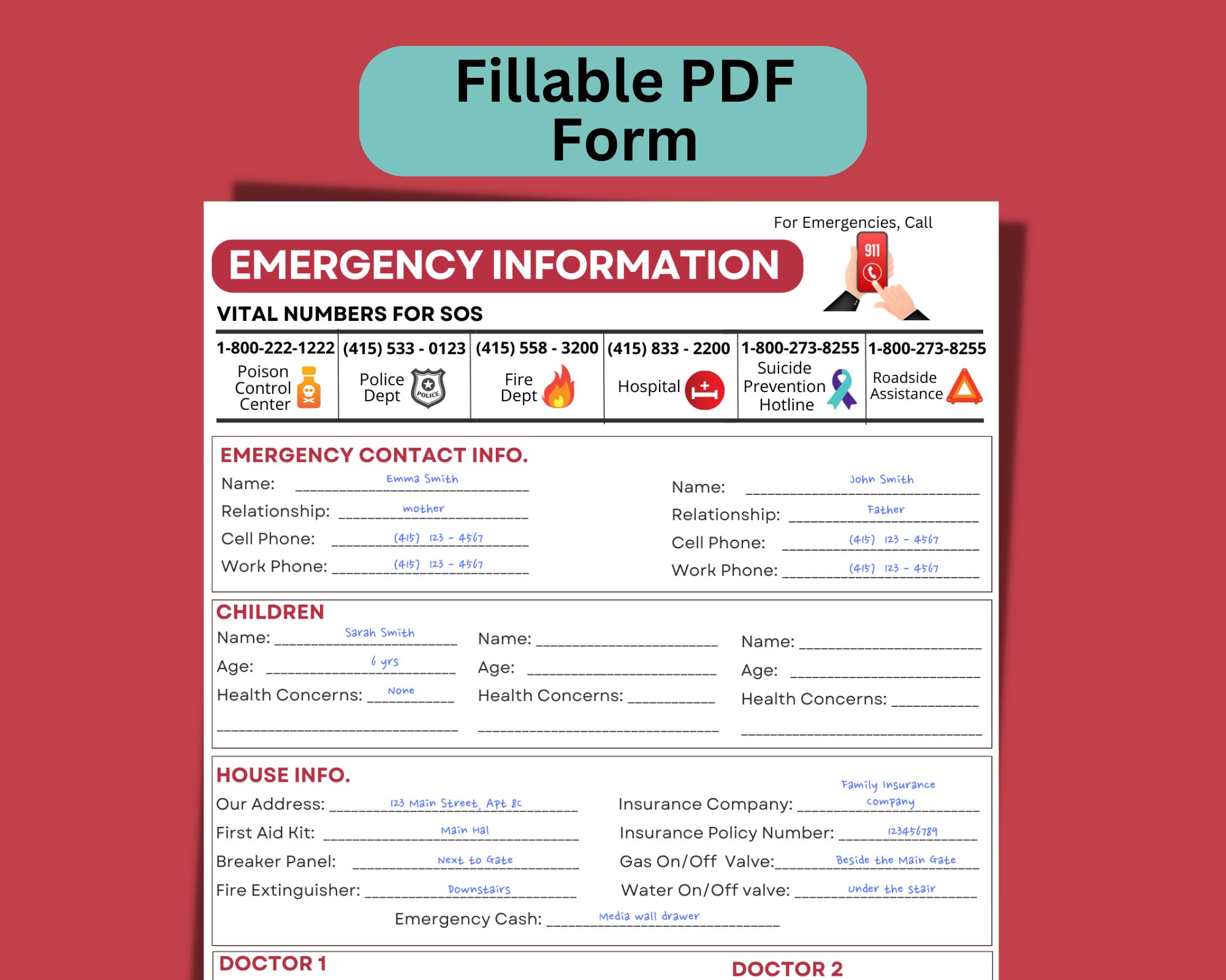 Emergency Information Sheet | Editable Emergency Contact Info Template ...