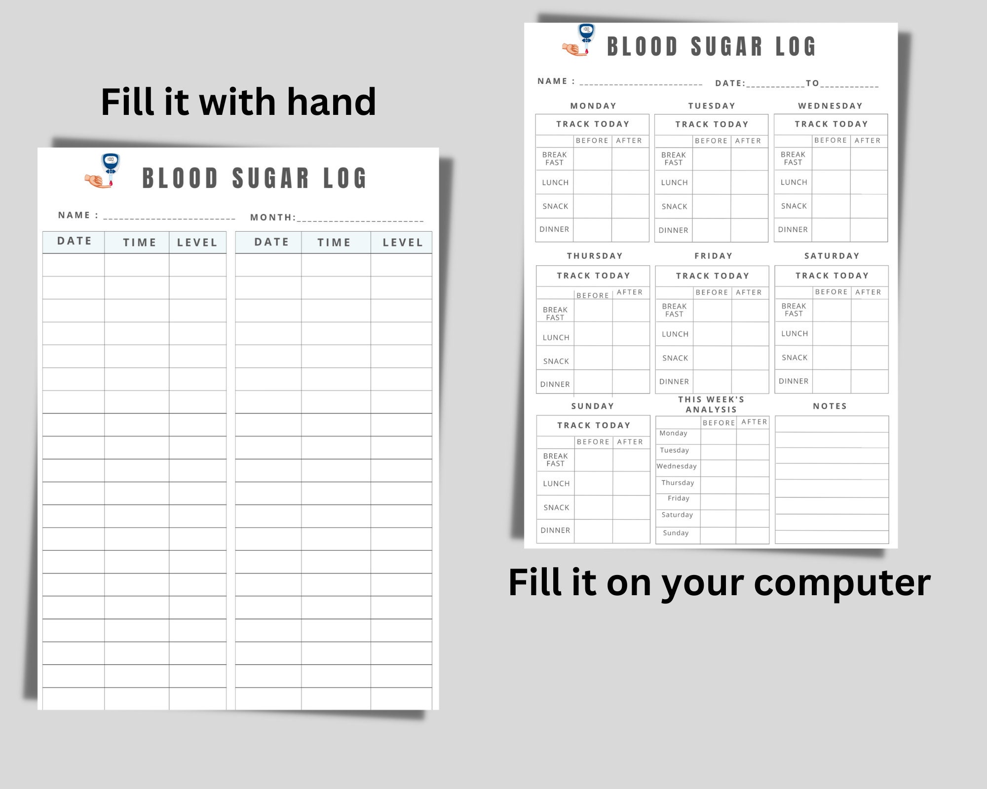 Blood Sugar Log and Blood Pressure Log Digital Download, Blood Sugar ...