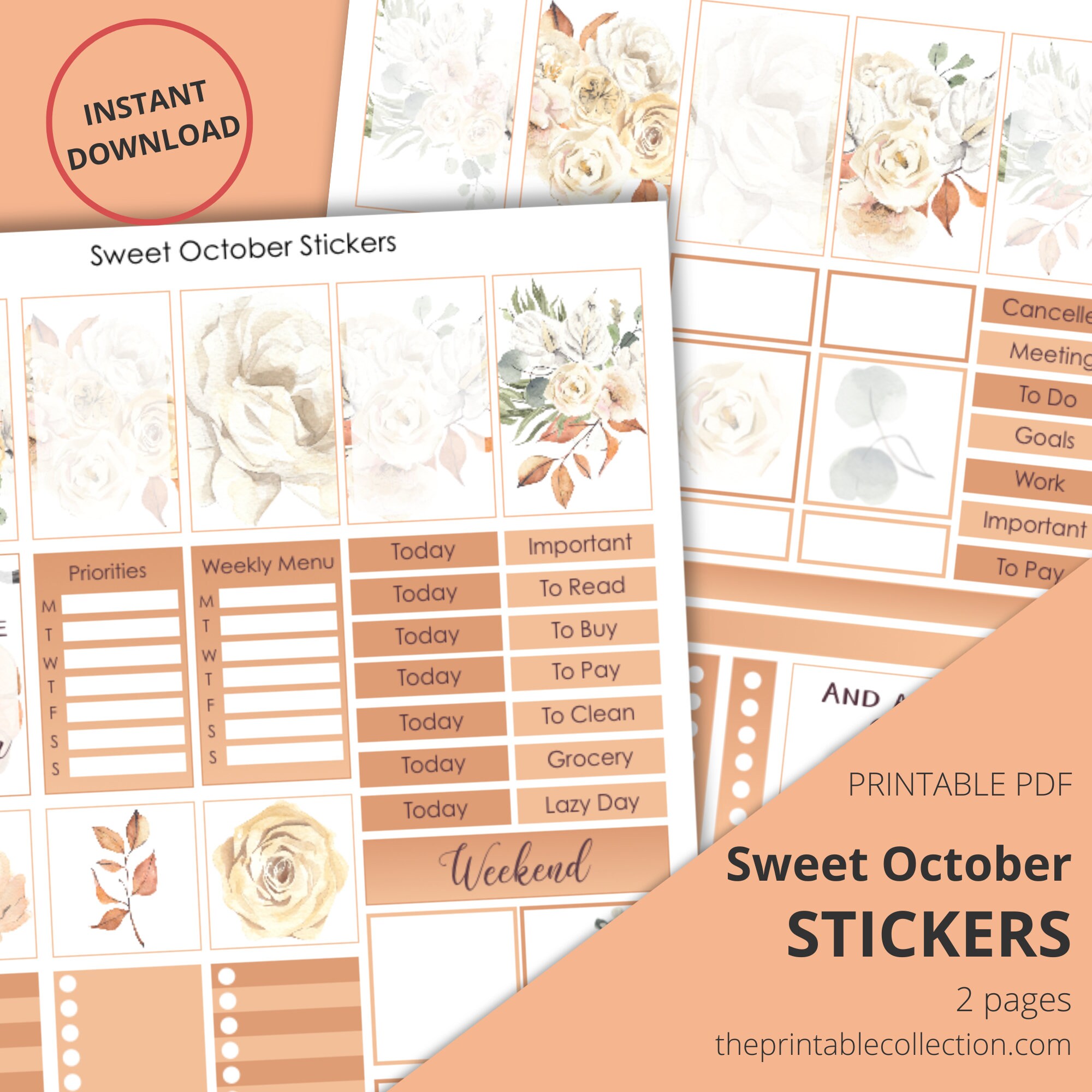 Printable Aesthetic Flower Stickers // Planner Stickers Fall Watercolor ...