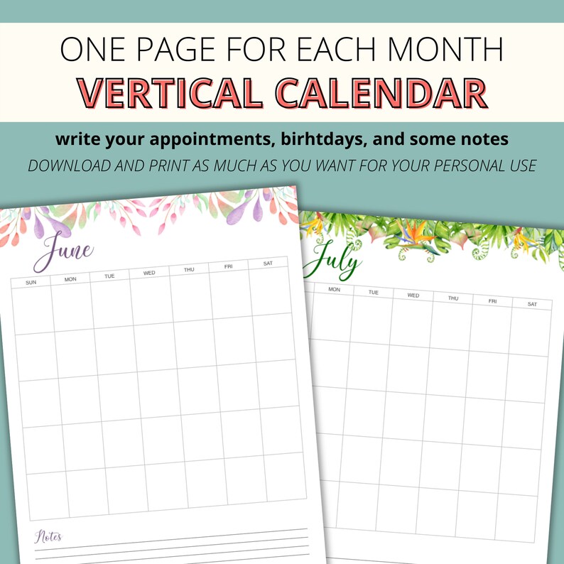 Printable Calendar Monthly, Watercolor Botanical Calendar, Watercolor ...