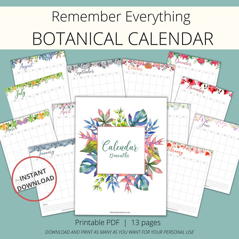 Printable Calendar Monthly, Watercolor Botanical Calendar, Watercolor ...