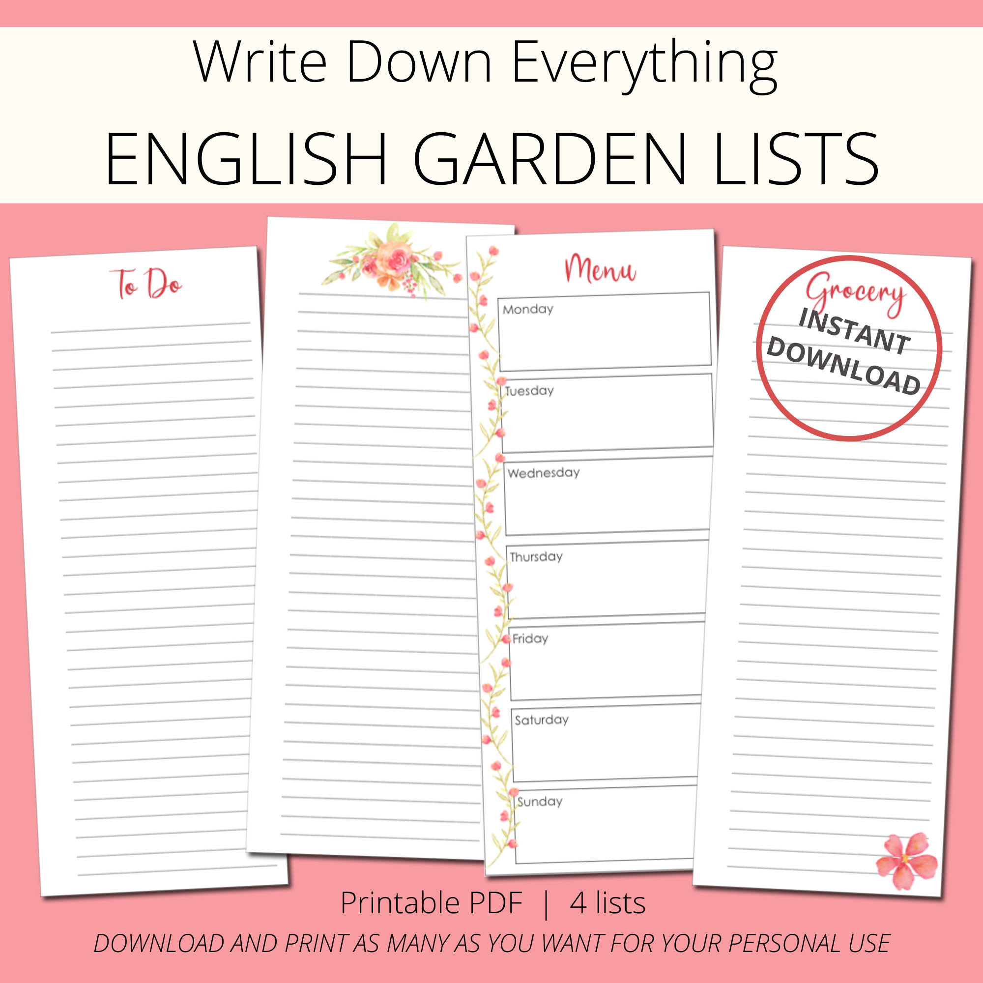 Printable Lists, Blank Lists Flower, to Do List, Grocery List, Menu ...