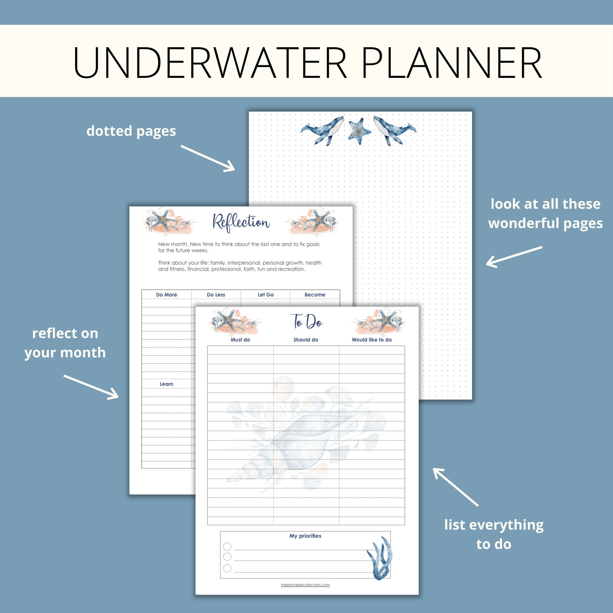Printable Planner Underwater Pages // Blue Sea Life Planner - Etsy
