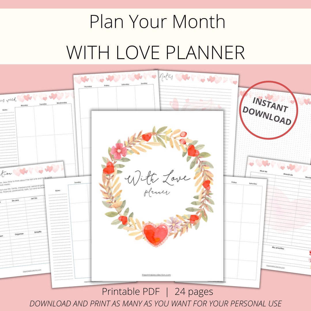 Printable Planner With Watercolor Red and Pink Hearts Decoration ...