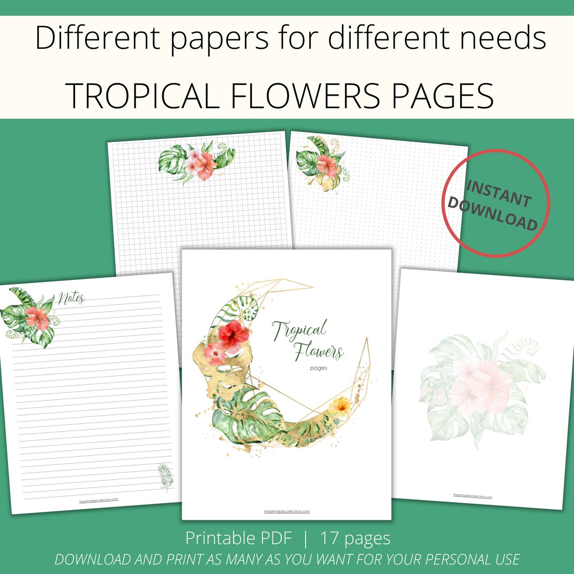 Printable Notes Pages With Watercolor Red and Green Tropical Flowers ...