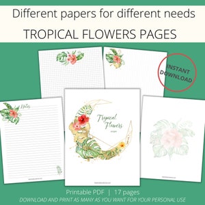 Printable Notes Pages With Watercolor Red and Green Tropical Flowers ...