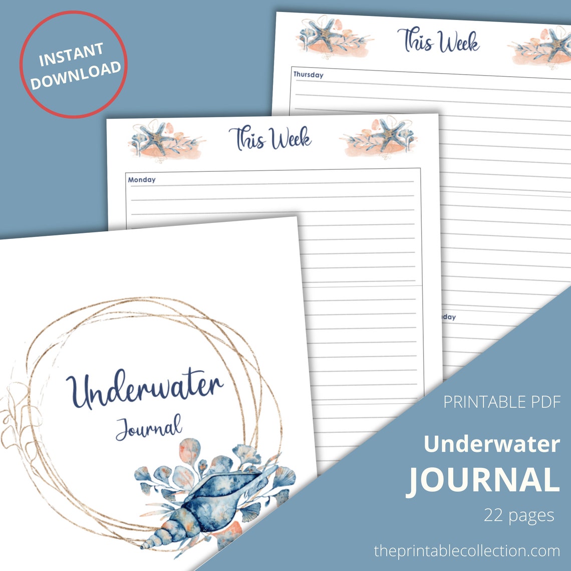Printable Underwater Journal // Watercolor Blue Sea Life Journal - Etsy ...