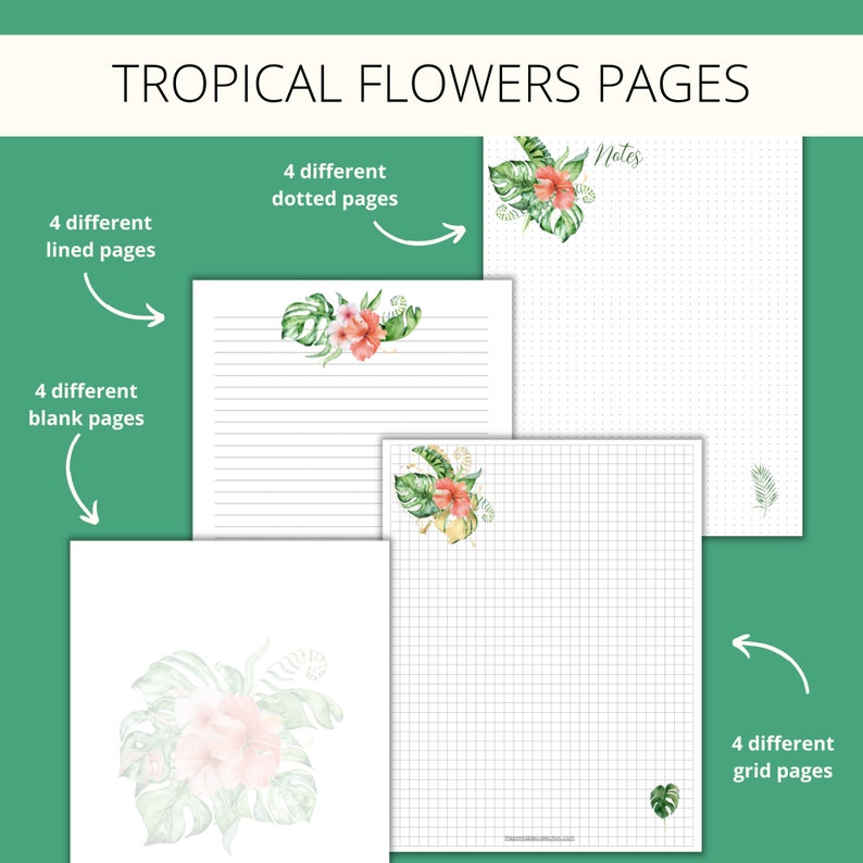Printable Notes Pages With Watercolor Red and Green Tropical Flowers ...