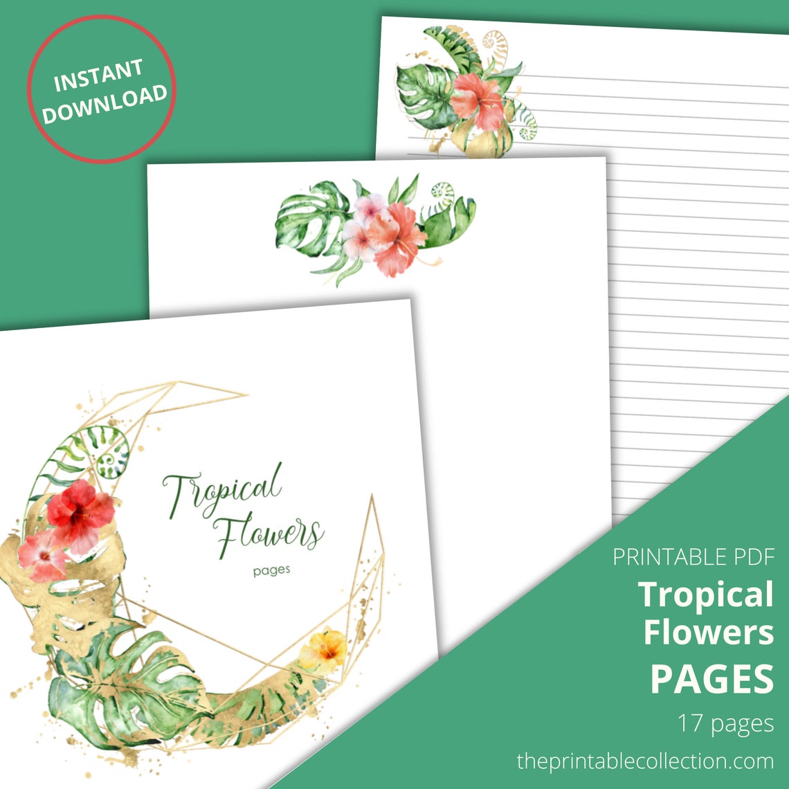Printable Notes Pages With Watercolor Red and Green Tropical Flowers ...
