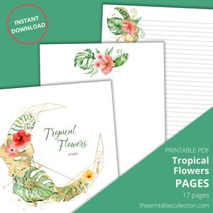 Printable Notes Pages With Watercolor Red and Green Tropical Flowers ...