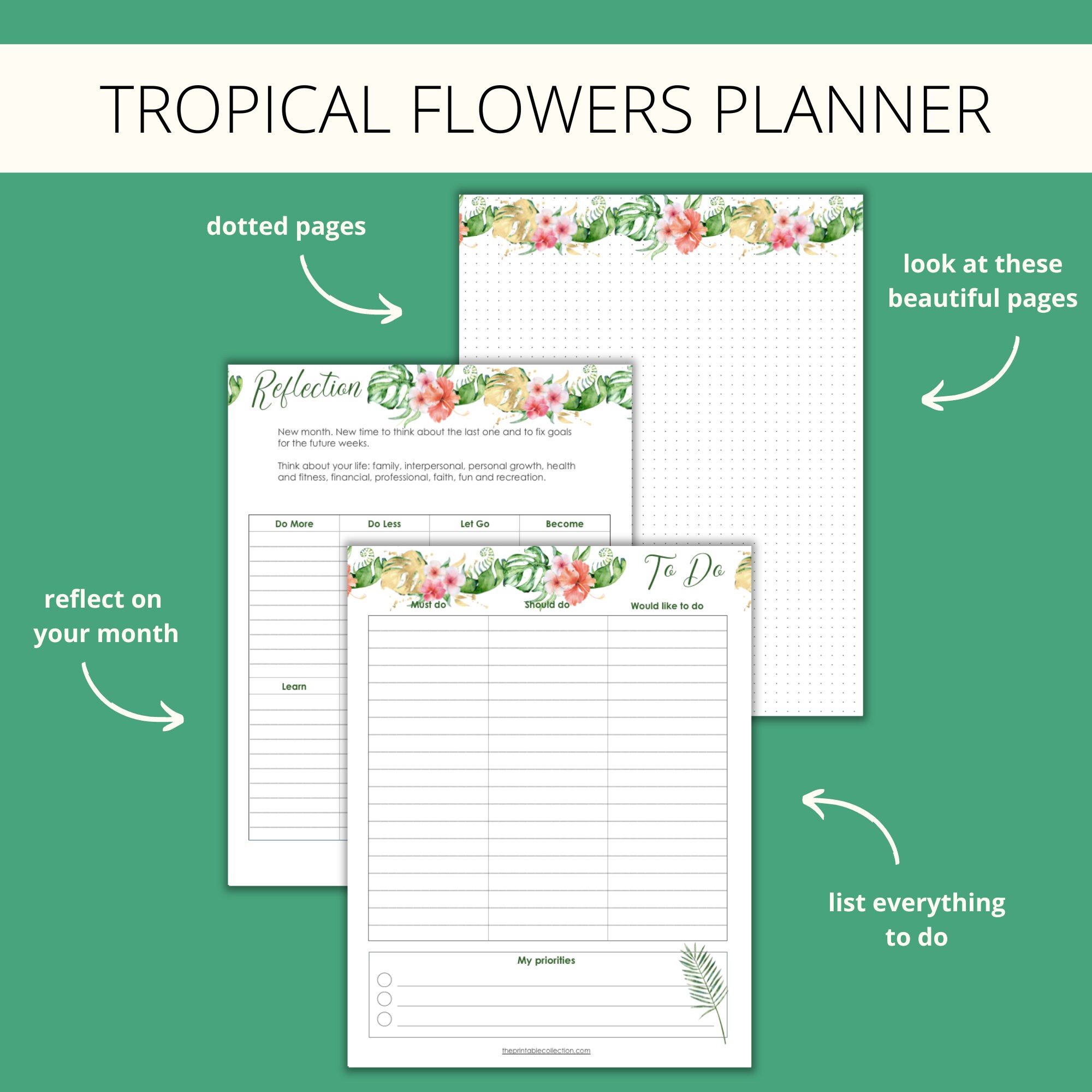 Printable Planner With Watercolor Tropical Flowers and Leaves ...