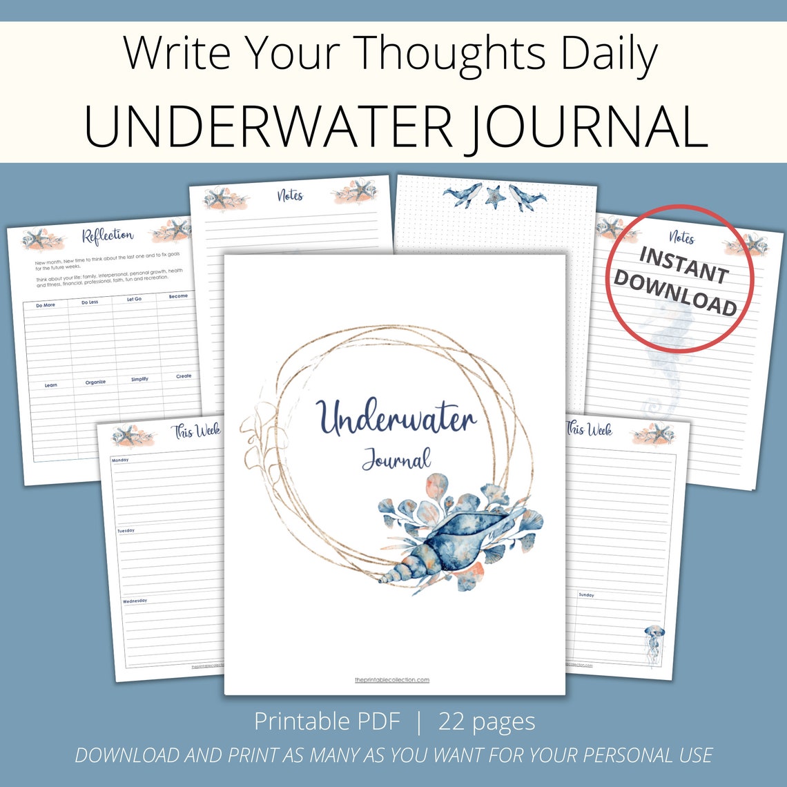 Printable Underwater Journal // Watercolor Blue Sea Life Journal - Etsy ...