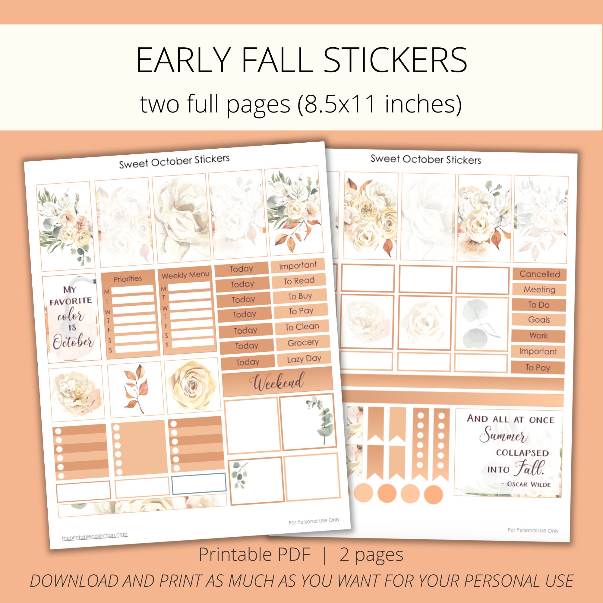 Printable Aesthetic Flower Stickers Planner Stickers Fall Watercolor