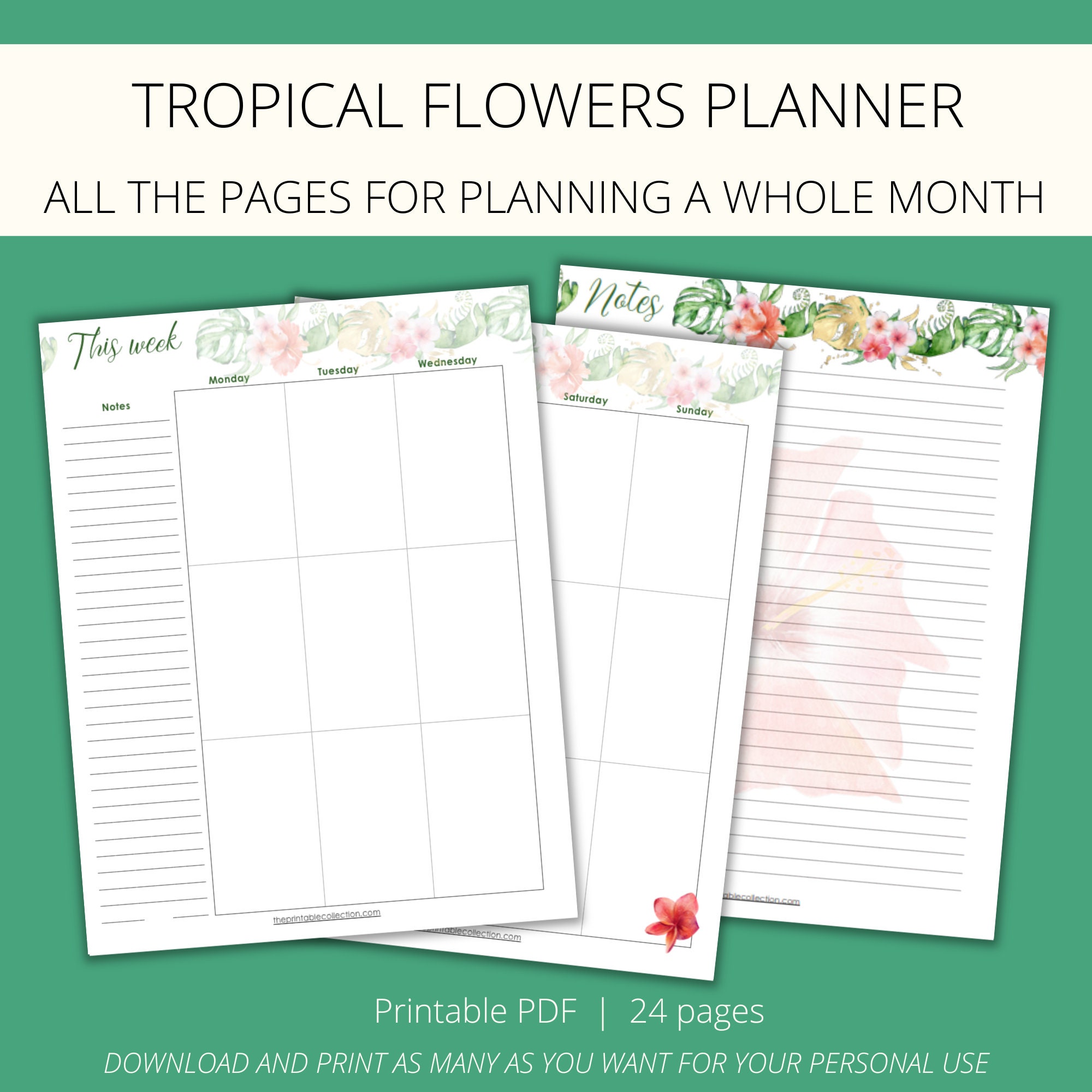 Printable Planner With Watercolor Tropical Flowers and Leaves ...