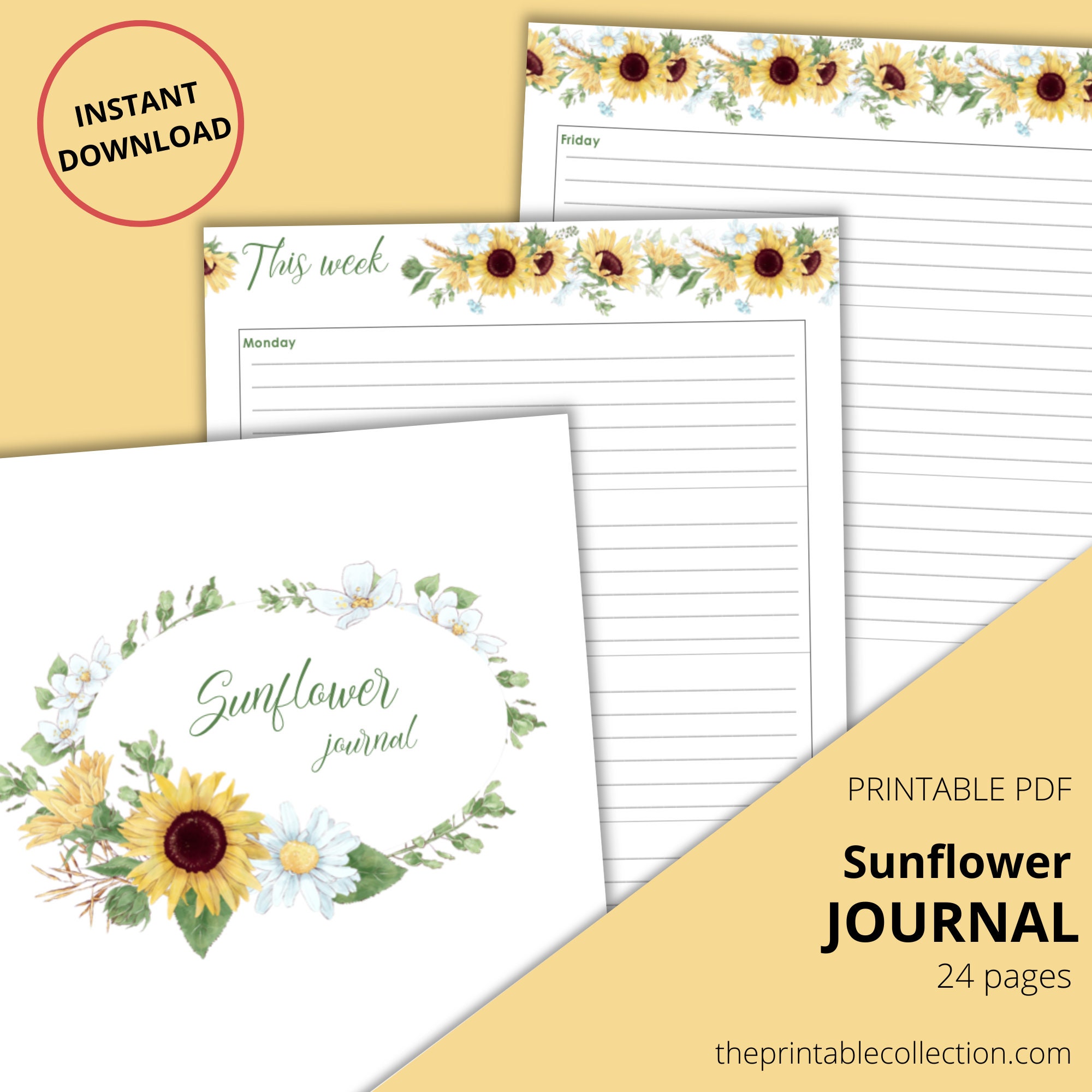 Printable Journal With Watercolor Sunflowers Images // Writing Lined ...