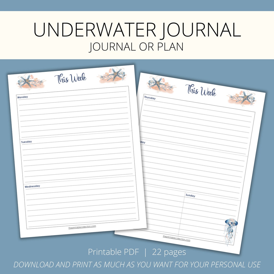 Printable Underwater Journal // Watercolor Blue Sea Life Journal - Etsy ...