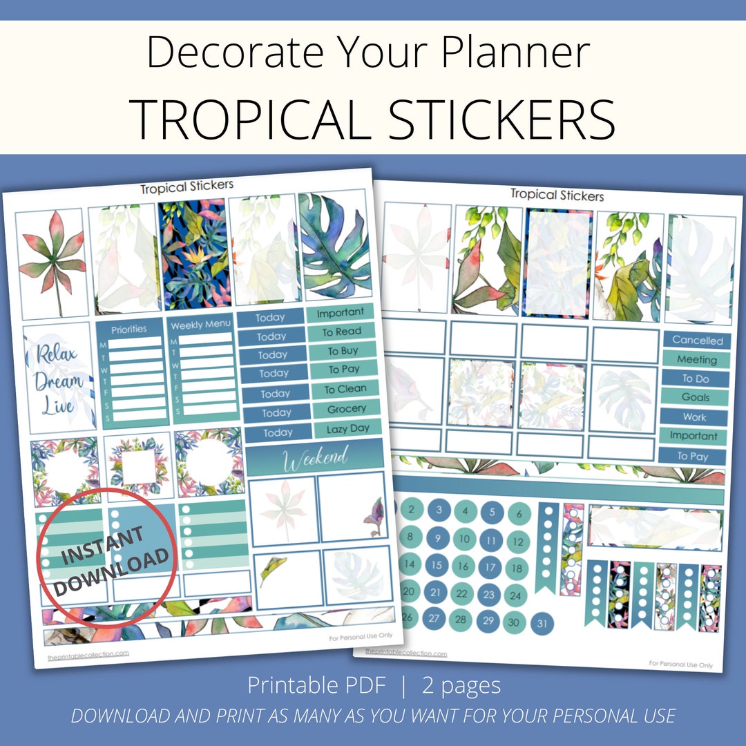 Printable Stickers Watercolor Tropical Leaves for Vertical Planner - Etsy