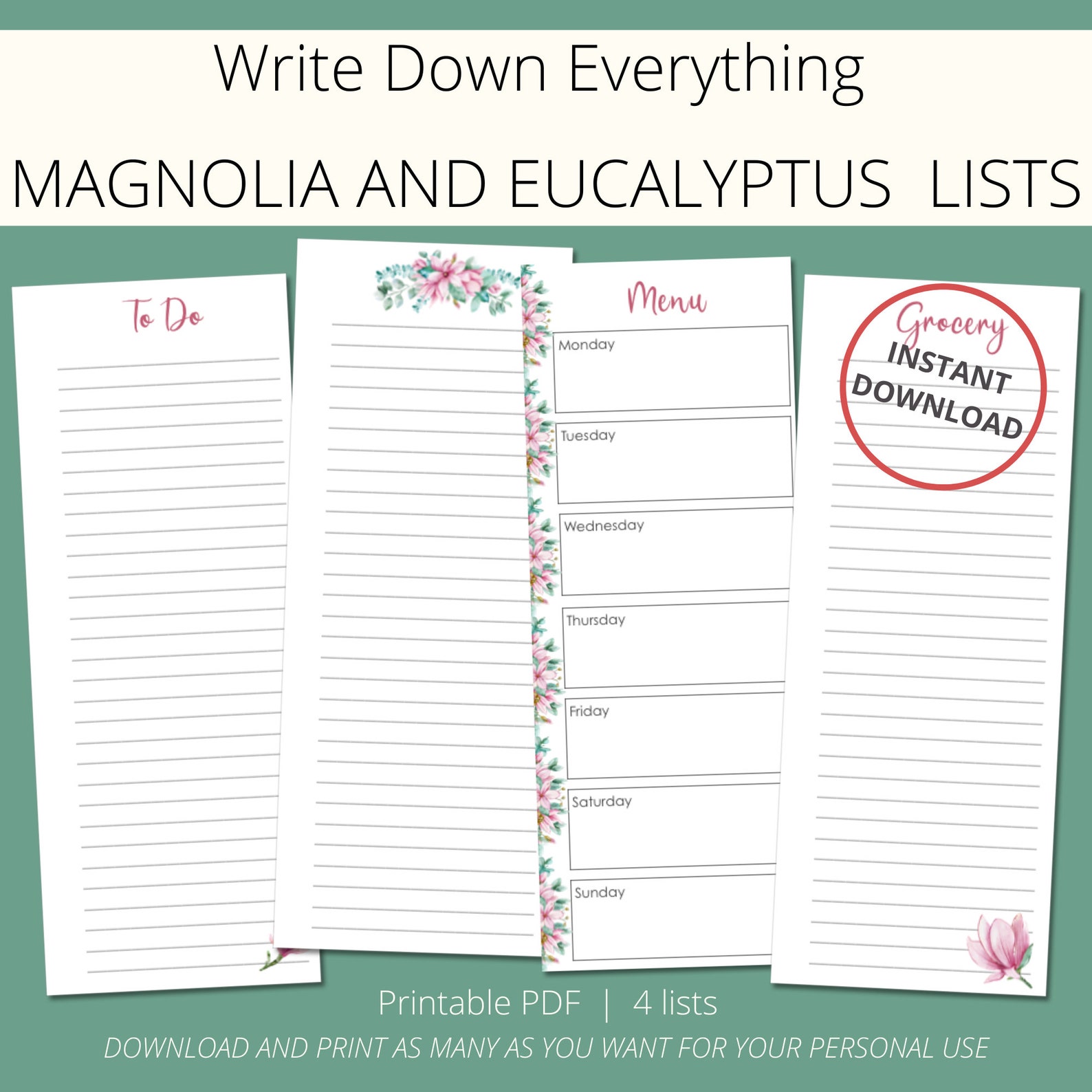 Printable to Do Lists Magnolia and Eucalyptus // Grocery List Printable ...